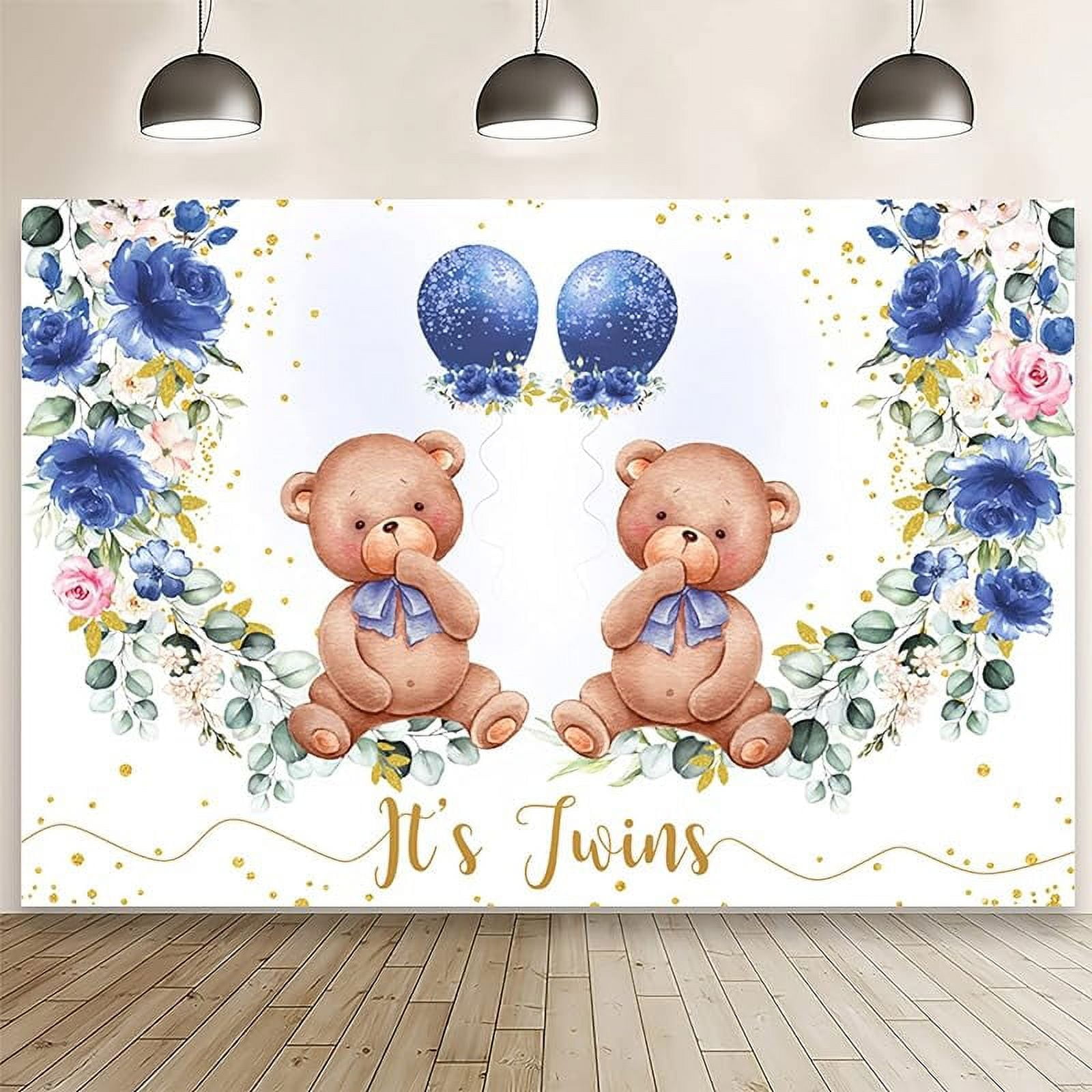 Twin Bear Girls Baby Shower Backdrop It'S Twins Blush Purple Floral ...
