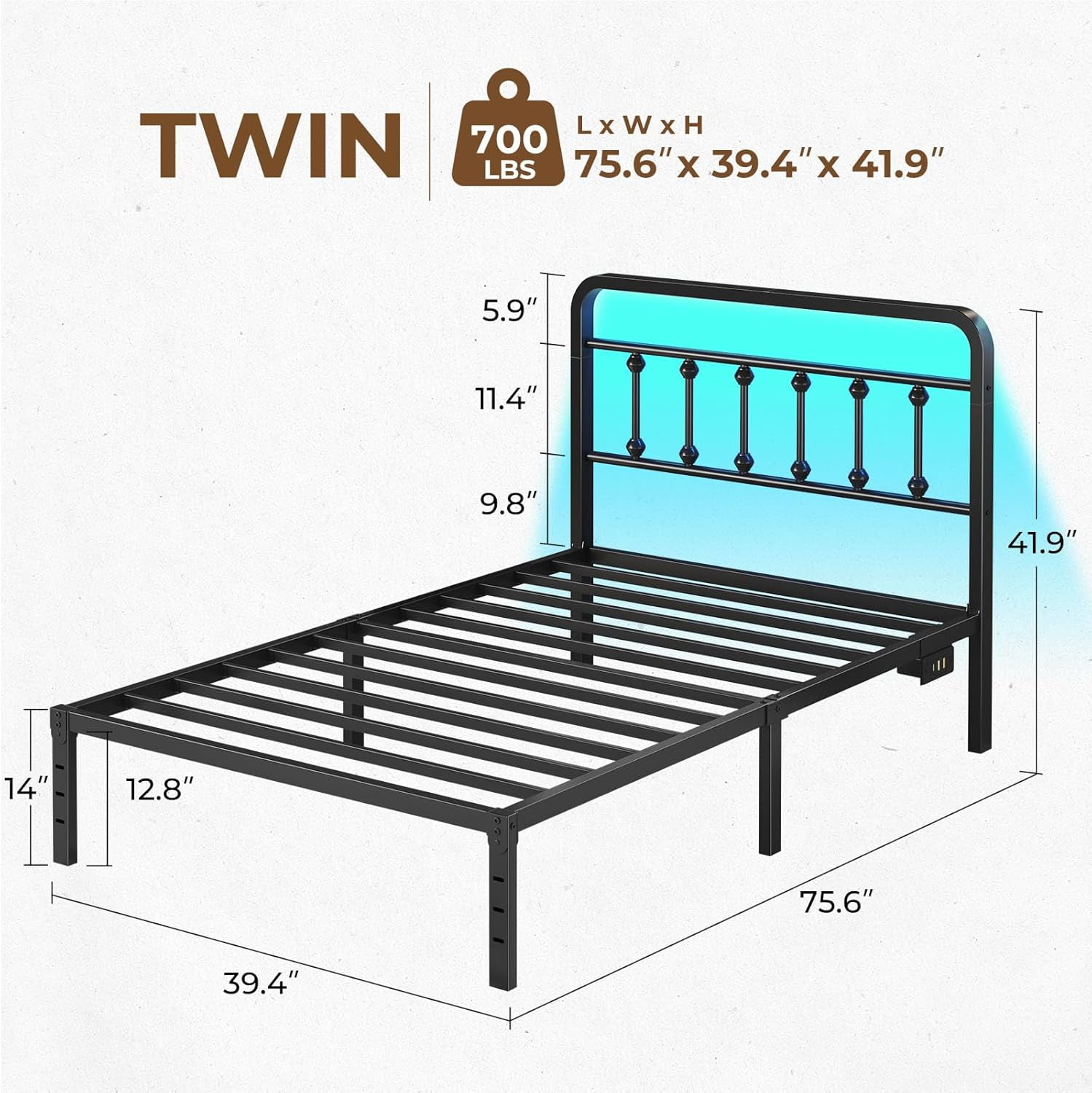 Twin Bed Frame, 14 Inch Metal Platform with Headboard, Charging Station ...