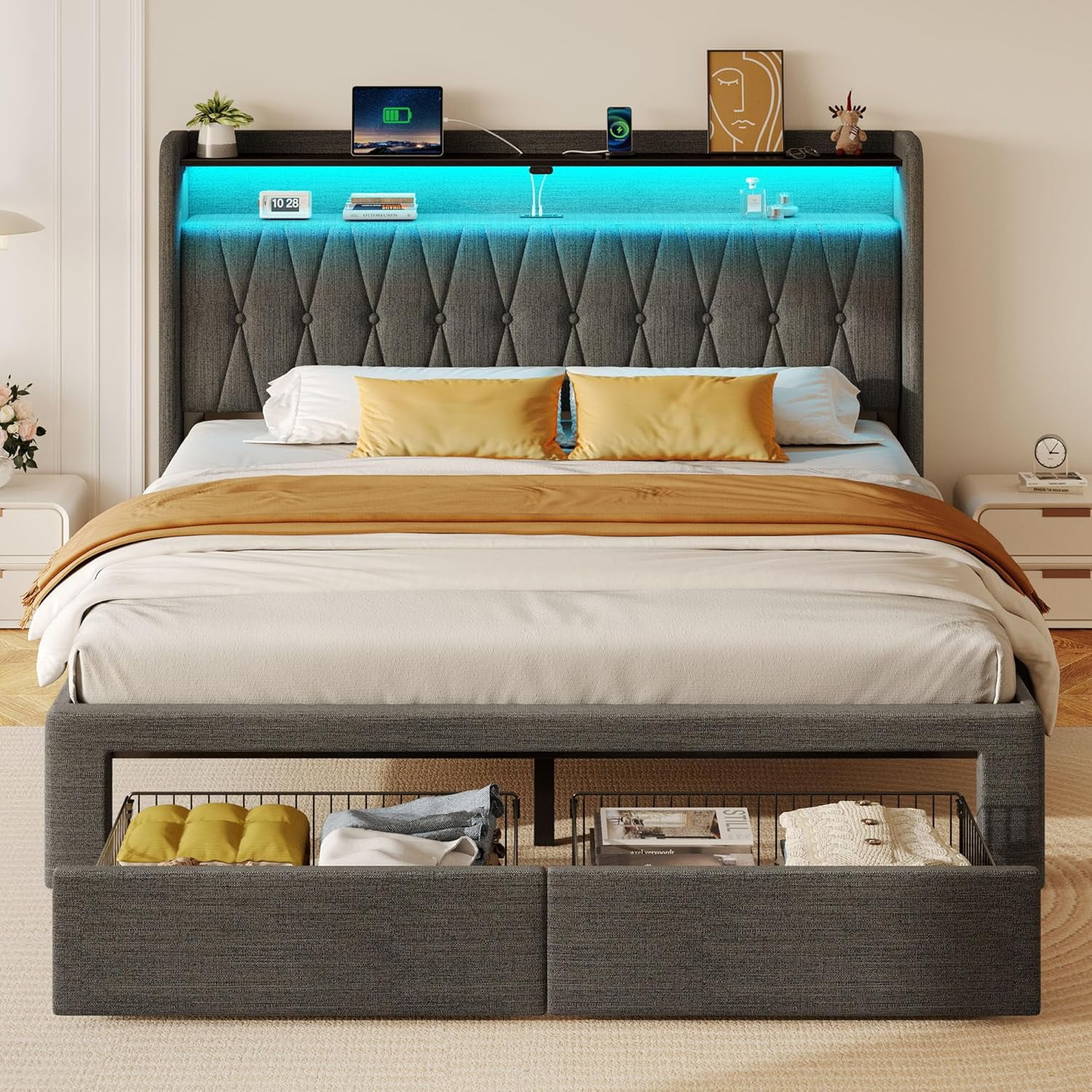 Twin Bed Frame with Drawer Storage Headboard with Charging Station and ...