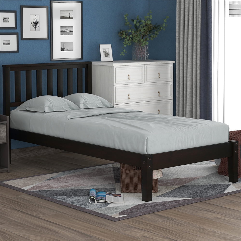 Twin Bed Frame, Espresso Twin Platform Bed Frame with Headboard, Modern ...