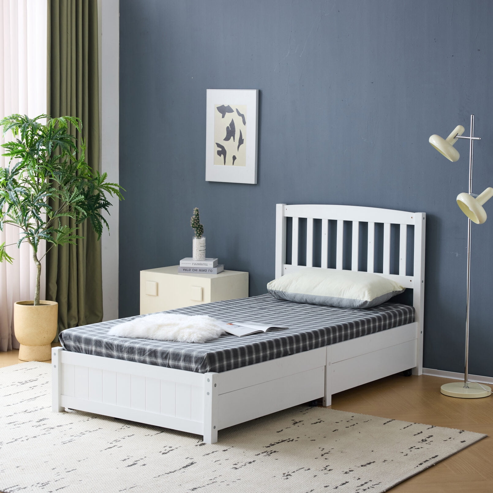 Twin Bed Frame with Four Large Drawers, Modern Pinewood Bed Frame with ...