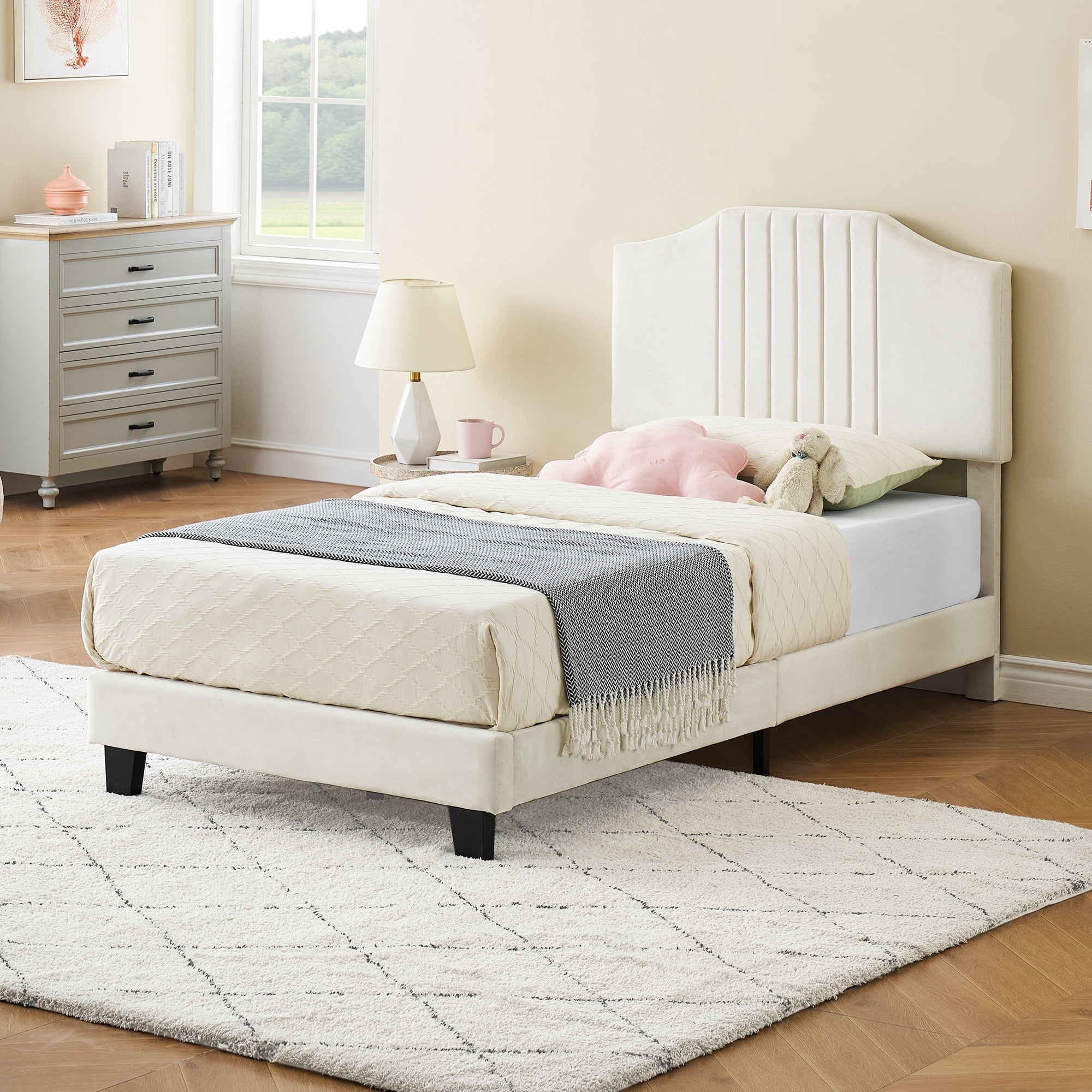 Twin Bed Frame for Girls, Upholstered Platform Bed Frame with Headboard ...