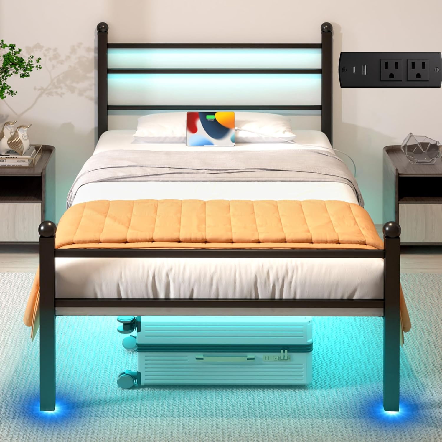Twin Bed Frame with LED Lights & Charging Station, Metal Platform Bed ...