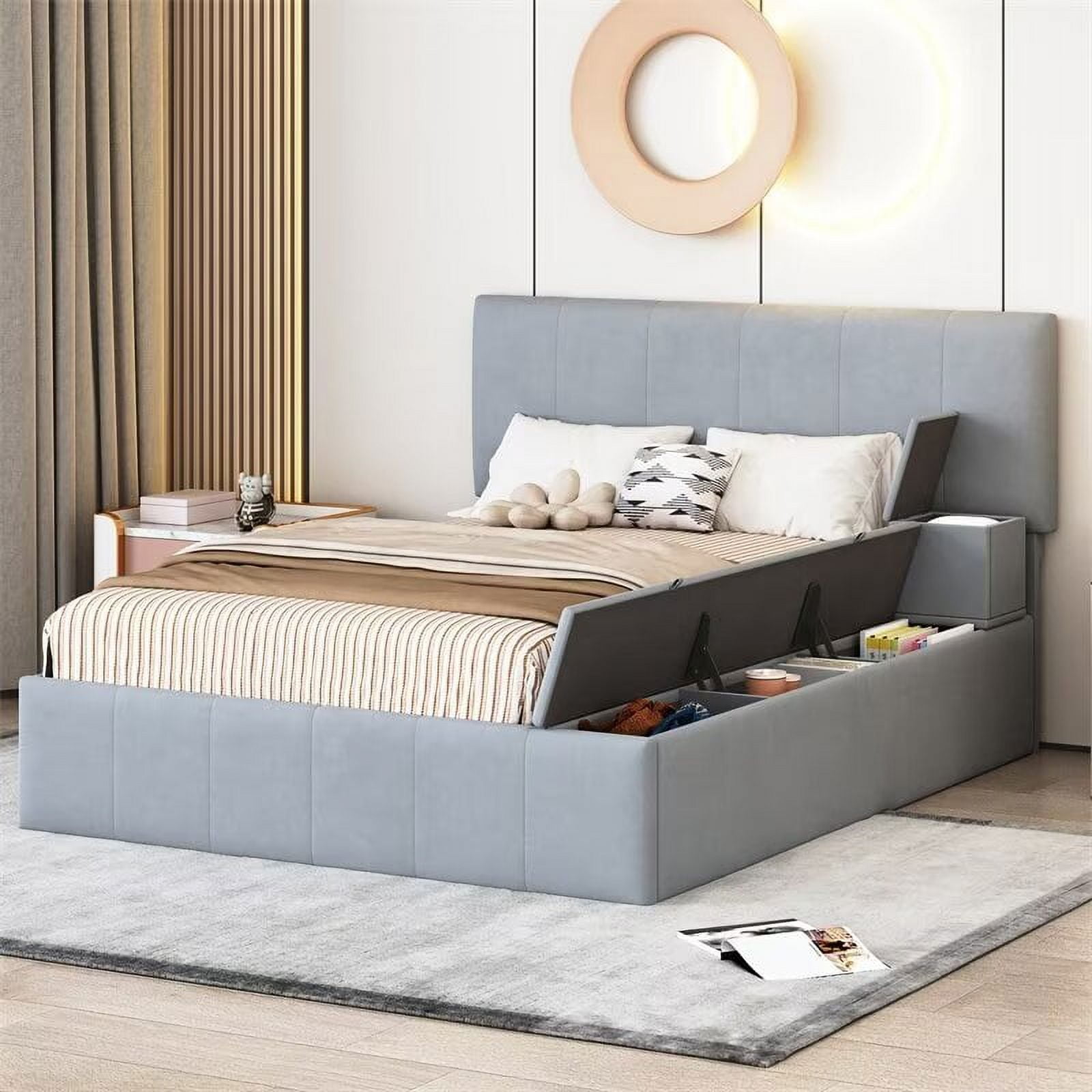 Twin Bed Frame with Lateral Storage Compartments and Thick Fabric ...