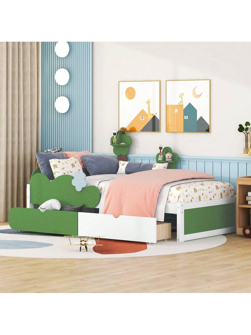 Twin Bed Frame, Plywood White+Green Platform Bed With Decorated With ...
