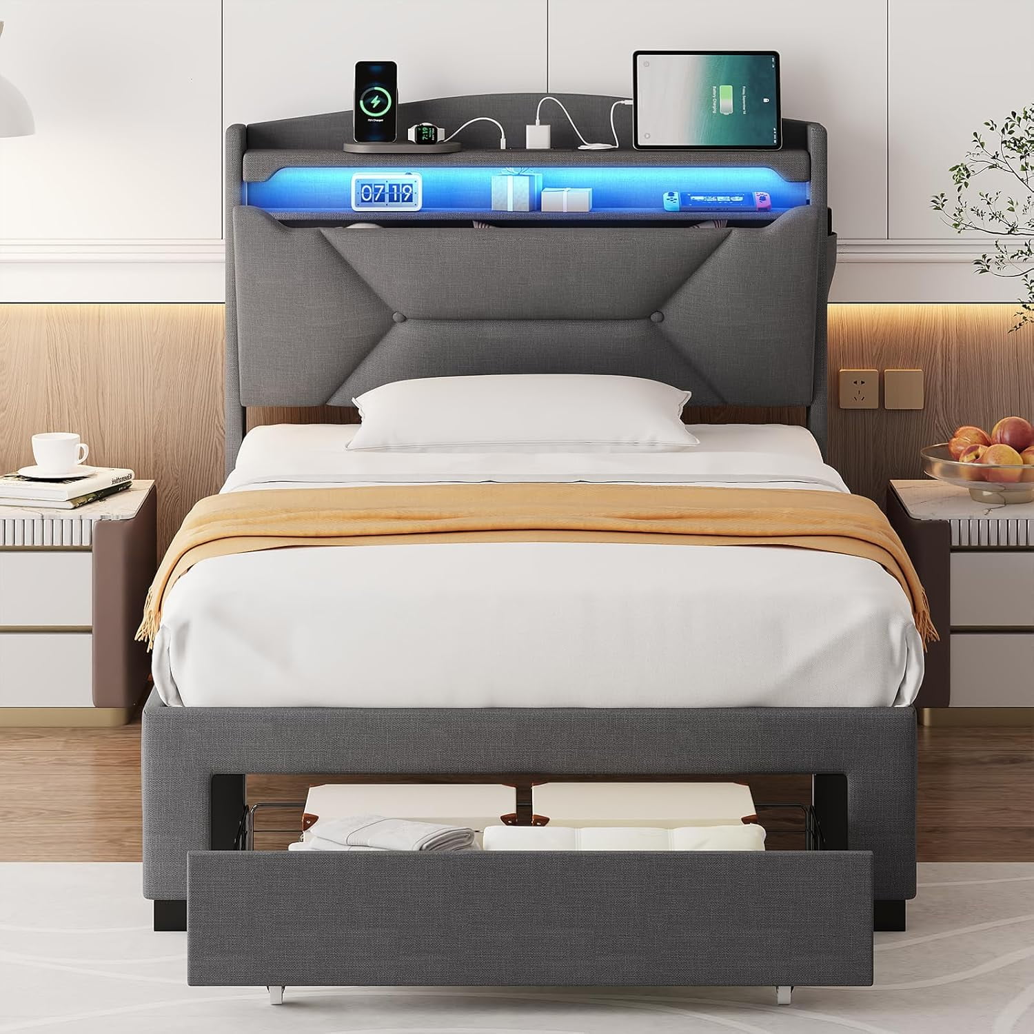 Twin Bed Frame, Twin Bed Frames with Storage Headboard, Upholstered ...