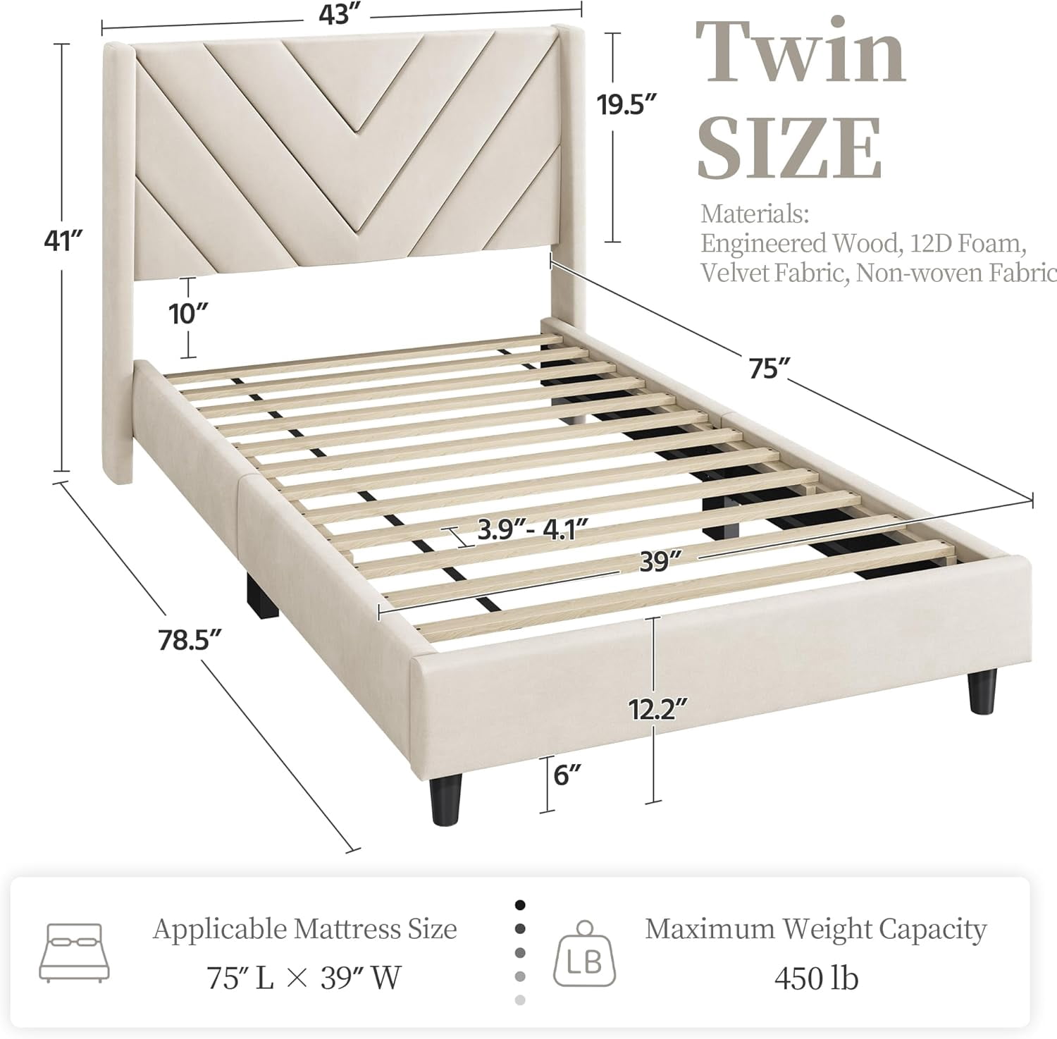 Twin Bed Frame Upholstered Platform Bed with Wing Side/Wooden Slat ...