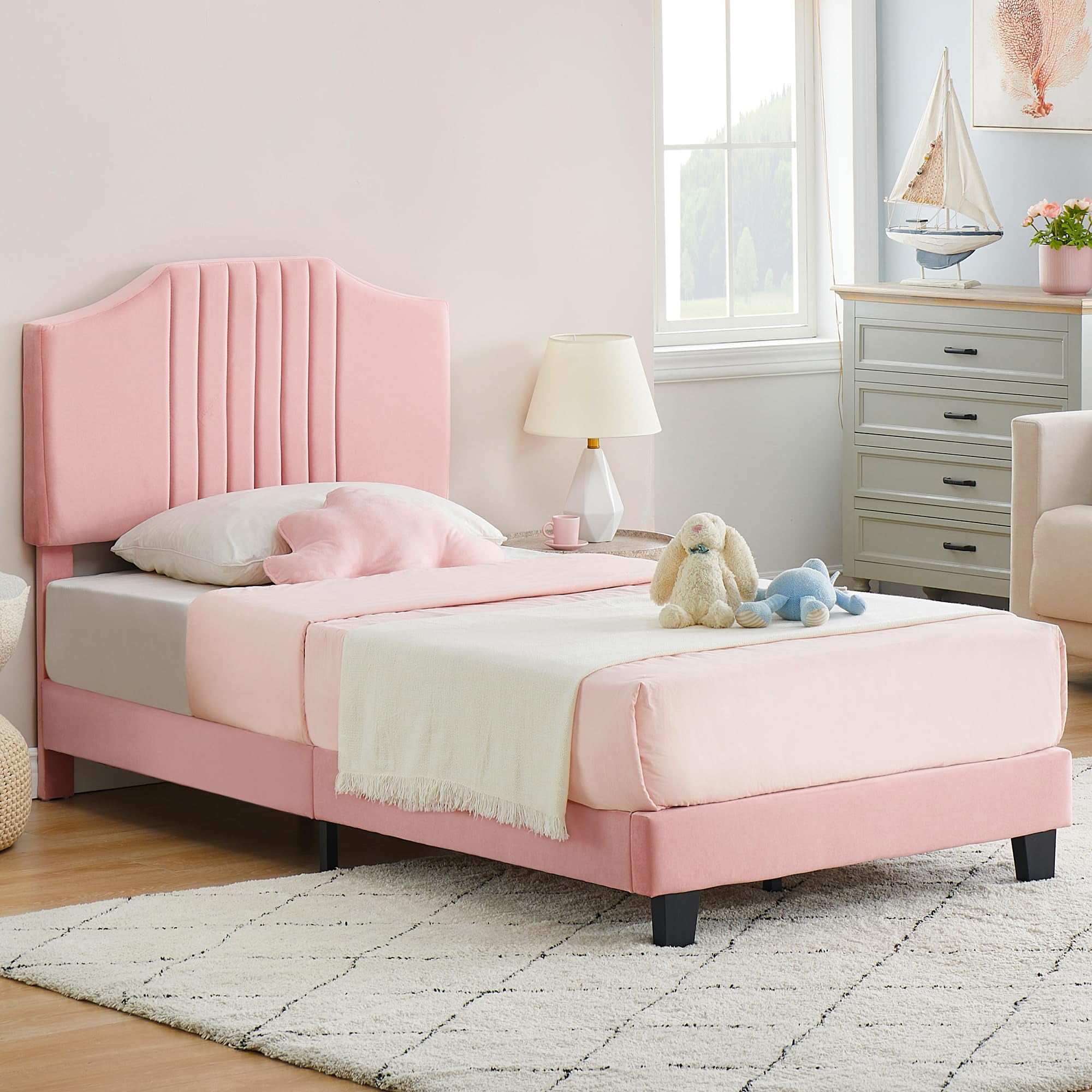 Twin Bed Frame Upholstered Platform with Headboard, Strong Frame and ...