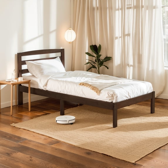Twin Bed Frame, Wood Bed Platform with Headboard, No Box Spring, Dark ...