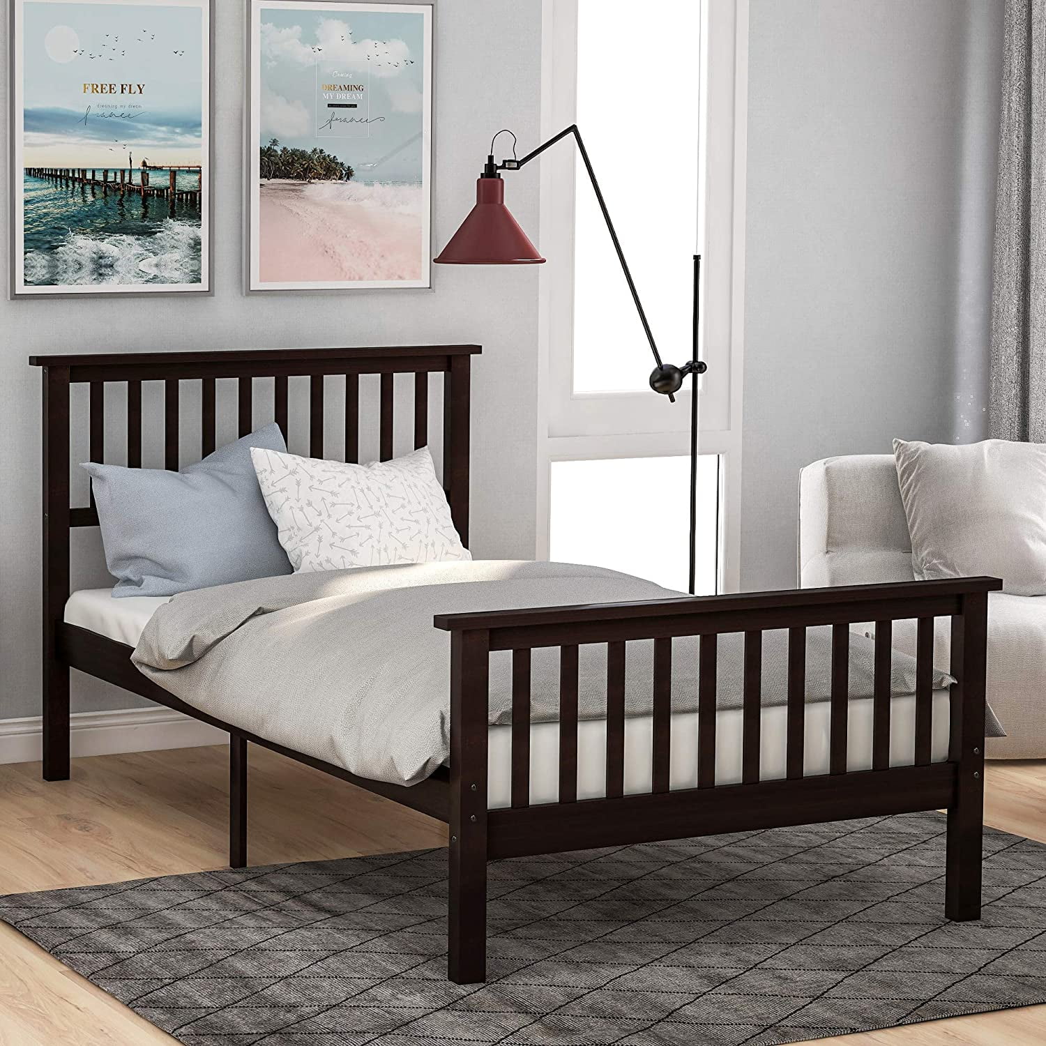 Twin Bed Frame Wood Twin Platform Bed with Headboard and Footboard for ...