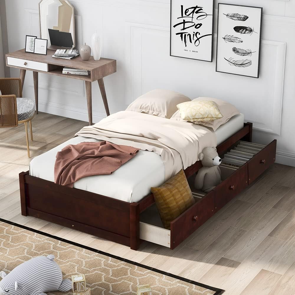 Twin Bed Frame with Drawers, Solid Wood, Espresso Twin Bed, Twin Size ...