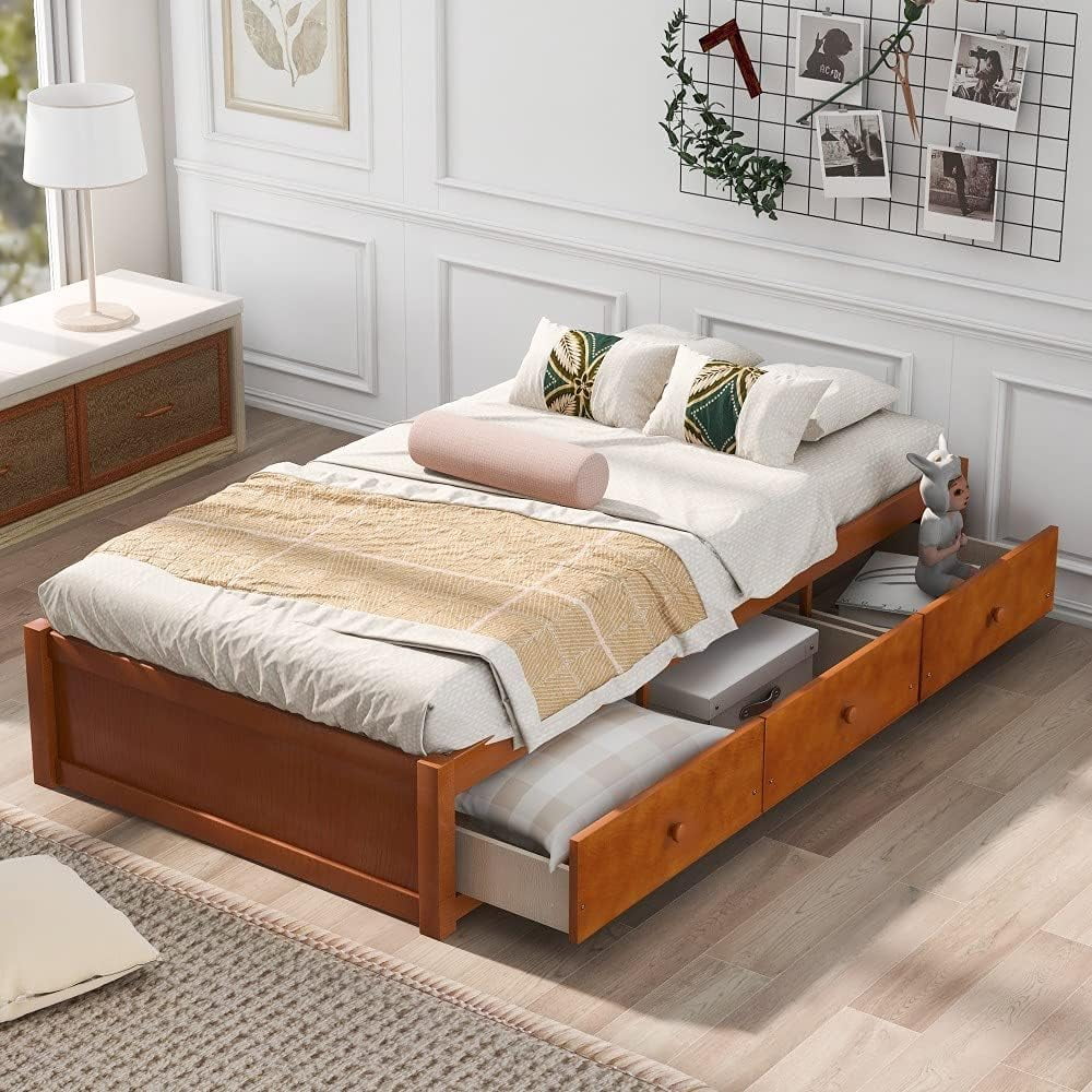 Twin Bed Frame with Drawers, Solid Wood, Espresso Twin Bed, Twin Size ...