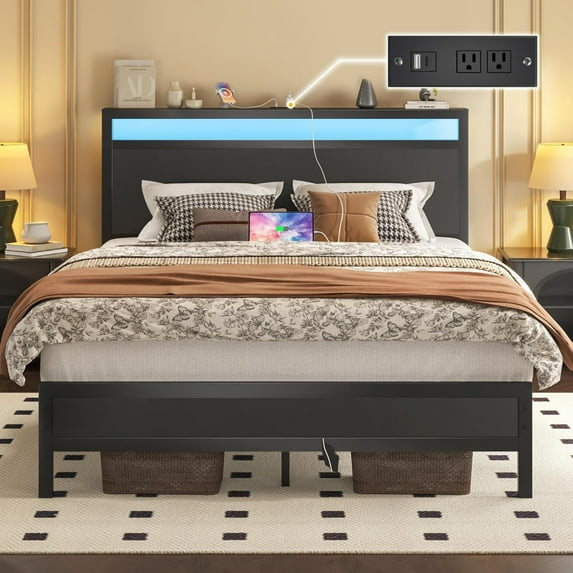 Twin Bed Frame with Headboard Footboard Charging Station LED Light ...