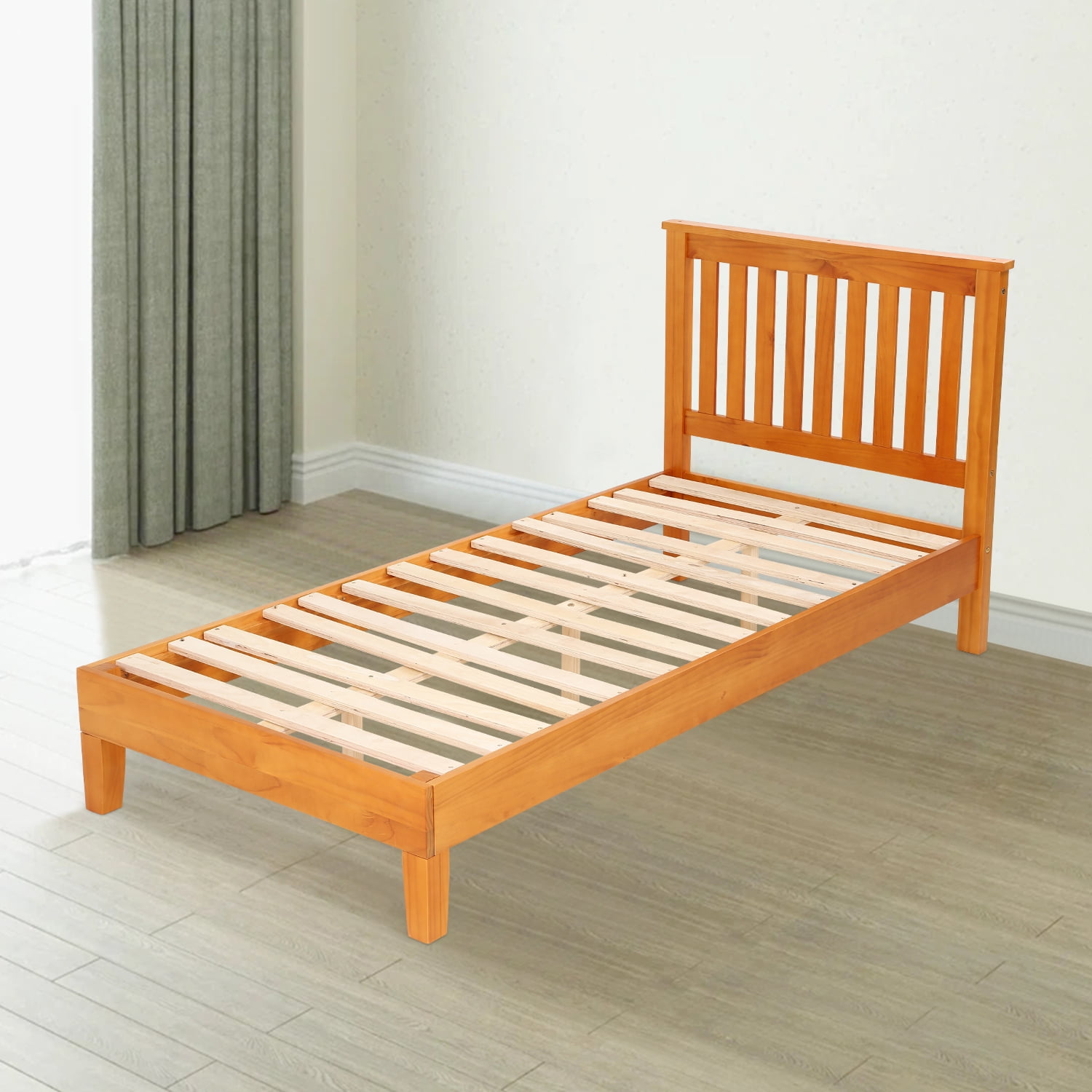 Twin Bed Frame with Headboard, Solid Wood Platform Bed Wood Slats ...