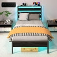 Twin Bed Frame with LED Lights & Charging Station, Storage Headboard ...