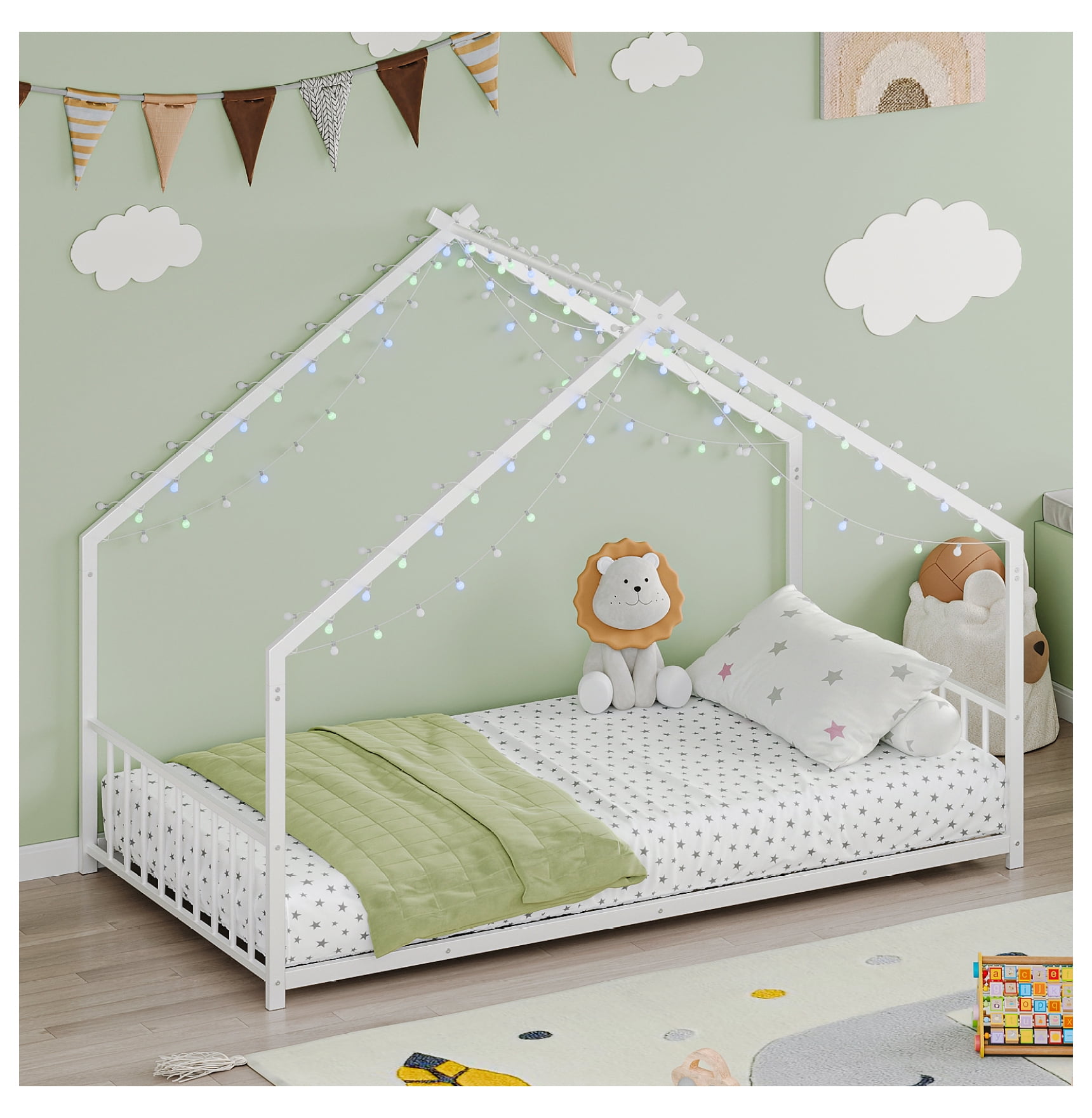 Twin Bed Frame with LED Lights, Roof Shape Iron Bed for Kids, White 78. ...