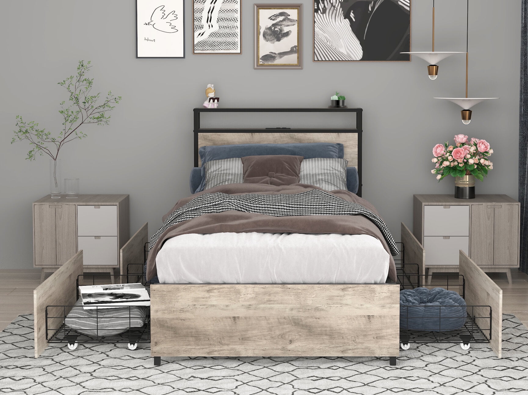 Twin Bed Frame with Storage Headboard & Charging Station, Solid Metal Construction, Noise-Free ...