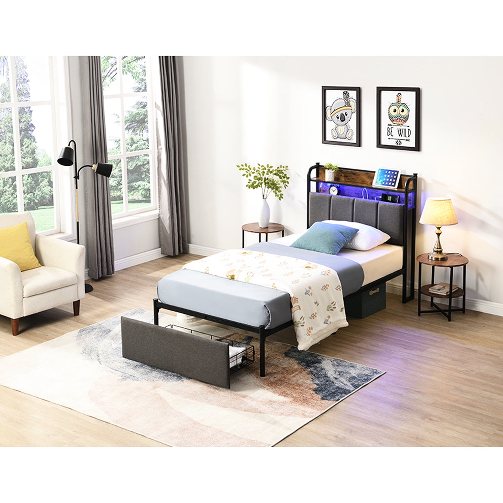 Twin Bed Frame with Type-C Port and AC Outlets | Multiple Storage ...