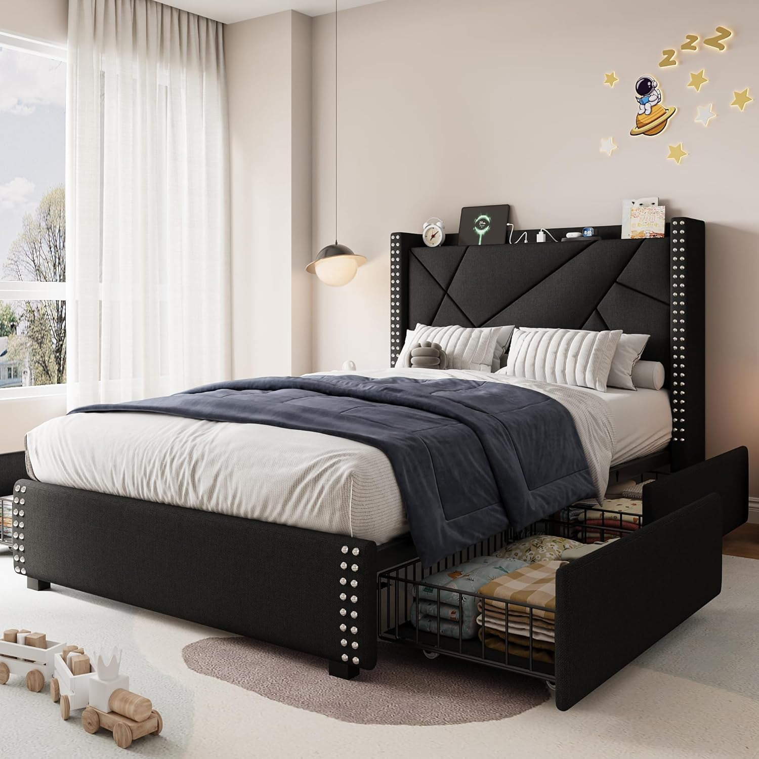 Twin Bed Frames with 4 Storage Drawers, Upholstered Bed with Large ...