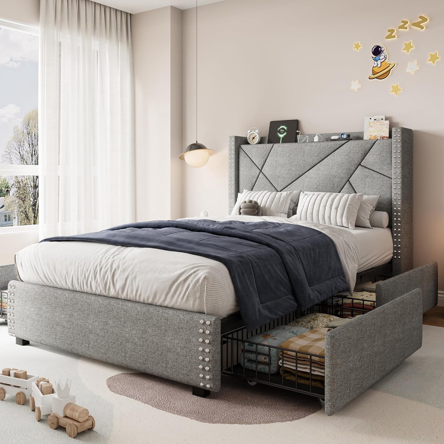 Twin Bed Frames with 4 Storage Drawers, Upholstered Bed with Large ...