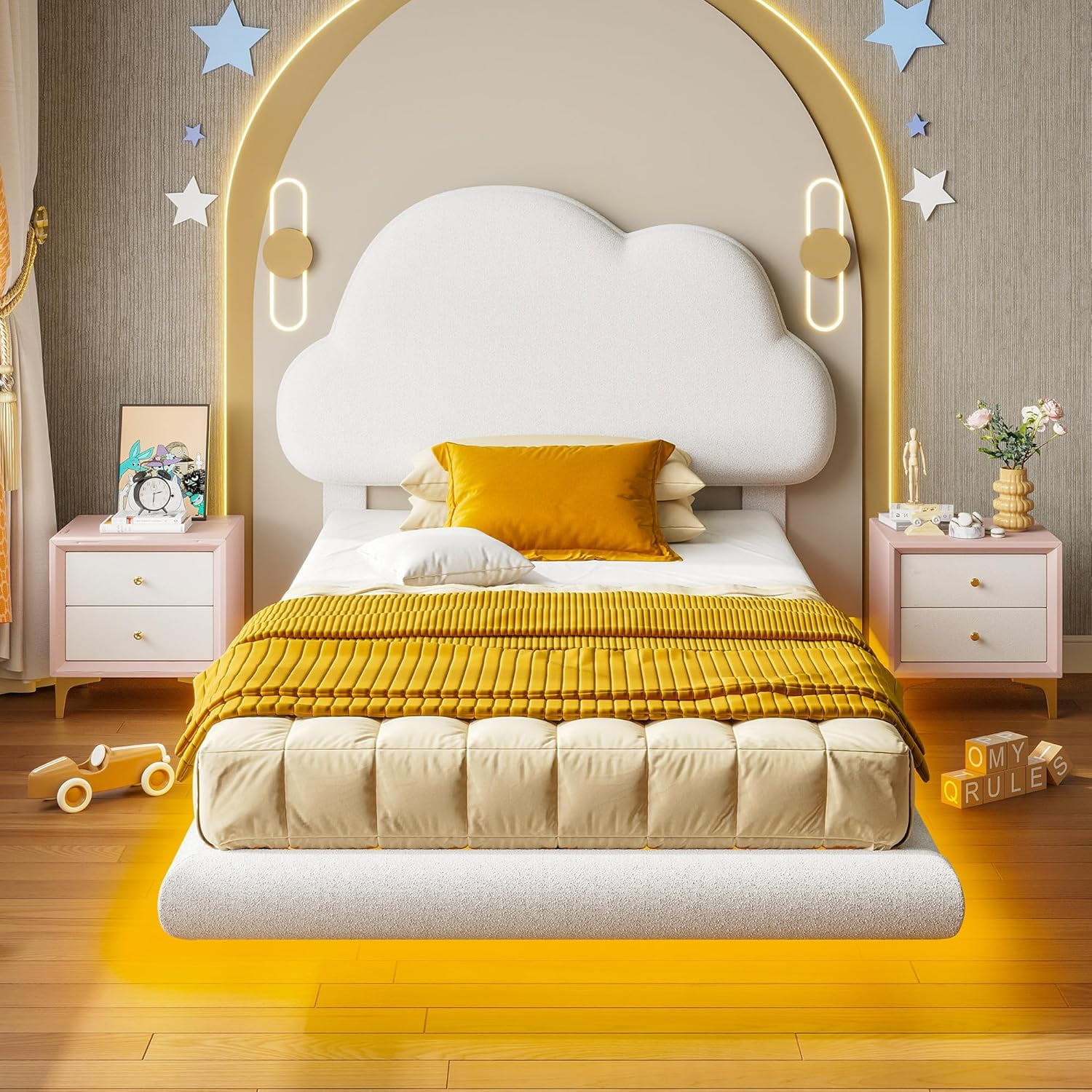 Twin Bed Frames with Cloud Headboard, Upholstered Floating Platform Bed with LED Lights, Solid ...