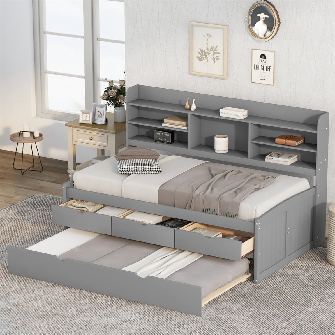 Twin Bed Frames, Bed Frame with Trundle and Built-in Bookshelves ...