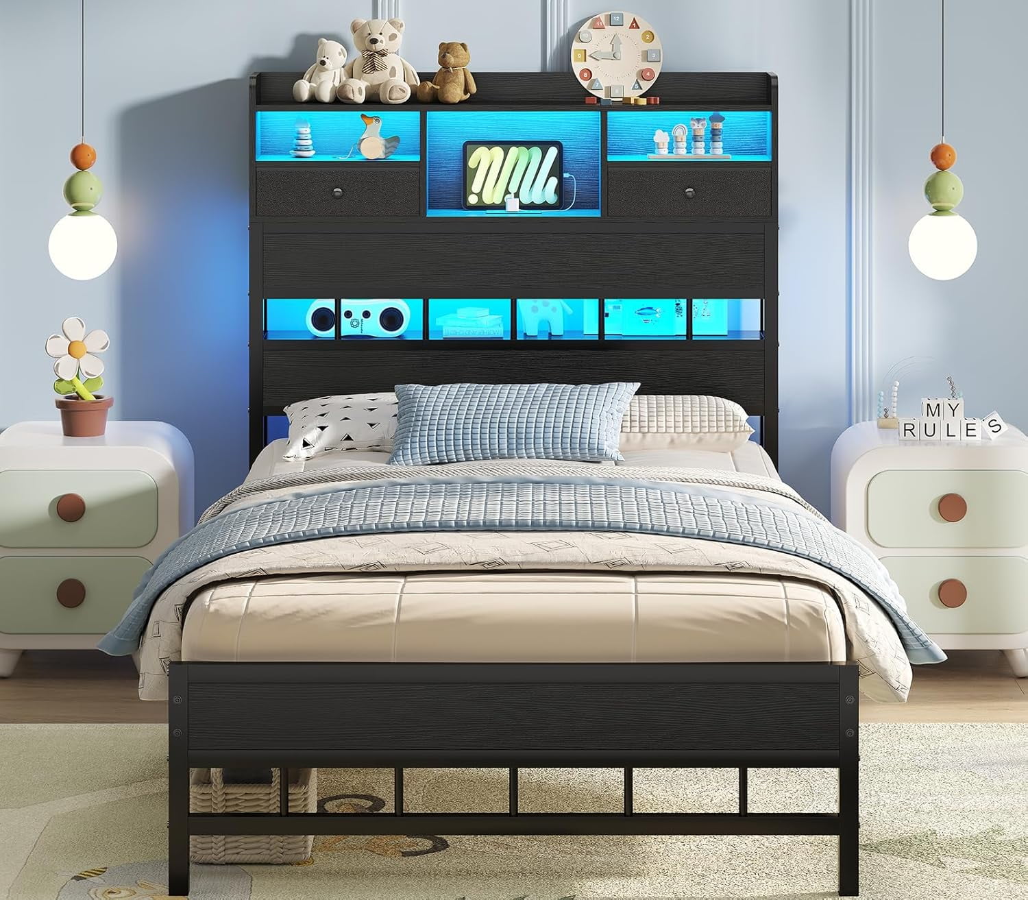 Twin Bed Frames with Headboard & Charging Station, LED Bed Frame Twin ...