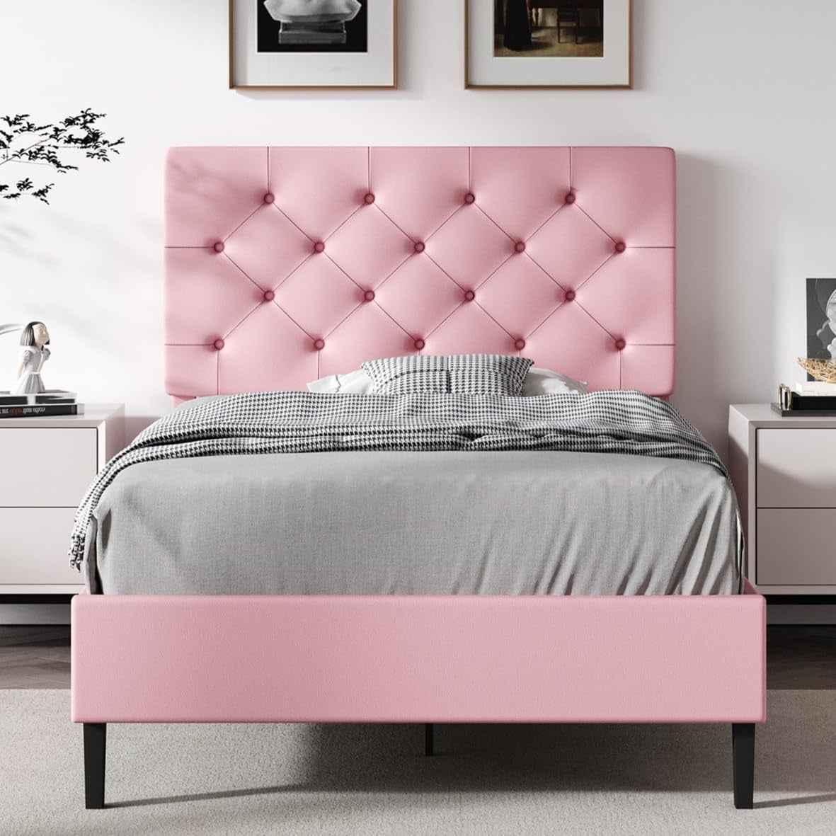 Twin Bed Frames with Headboard, Pink Twin Bed Frames, Upholstered ...