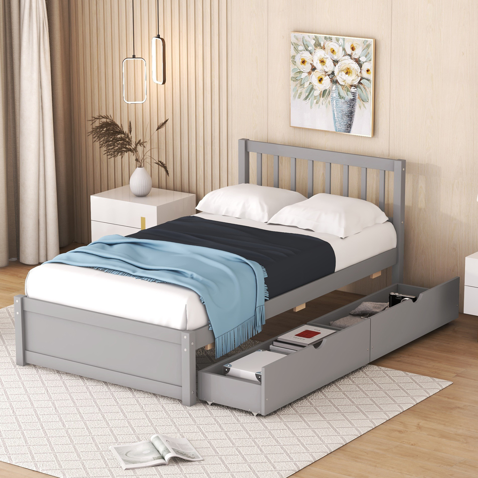 Twin Bed Frames with Headboard, Twin Platform Bed Frame with 2 Drawers ...