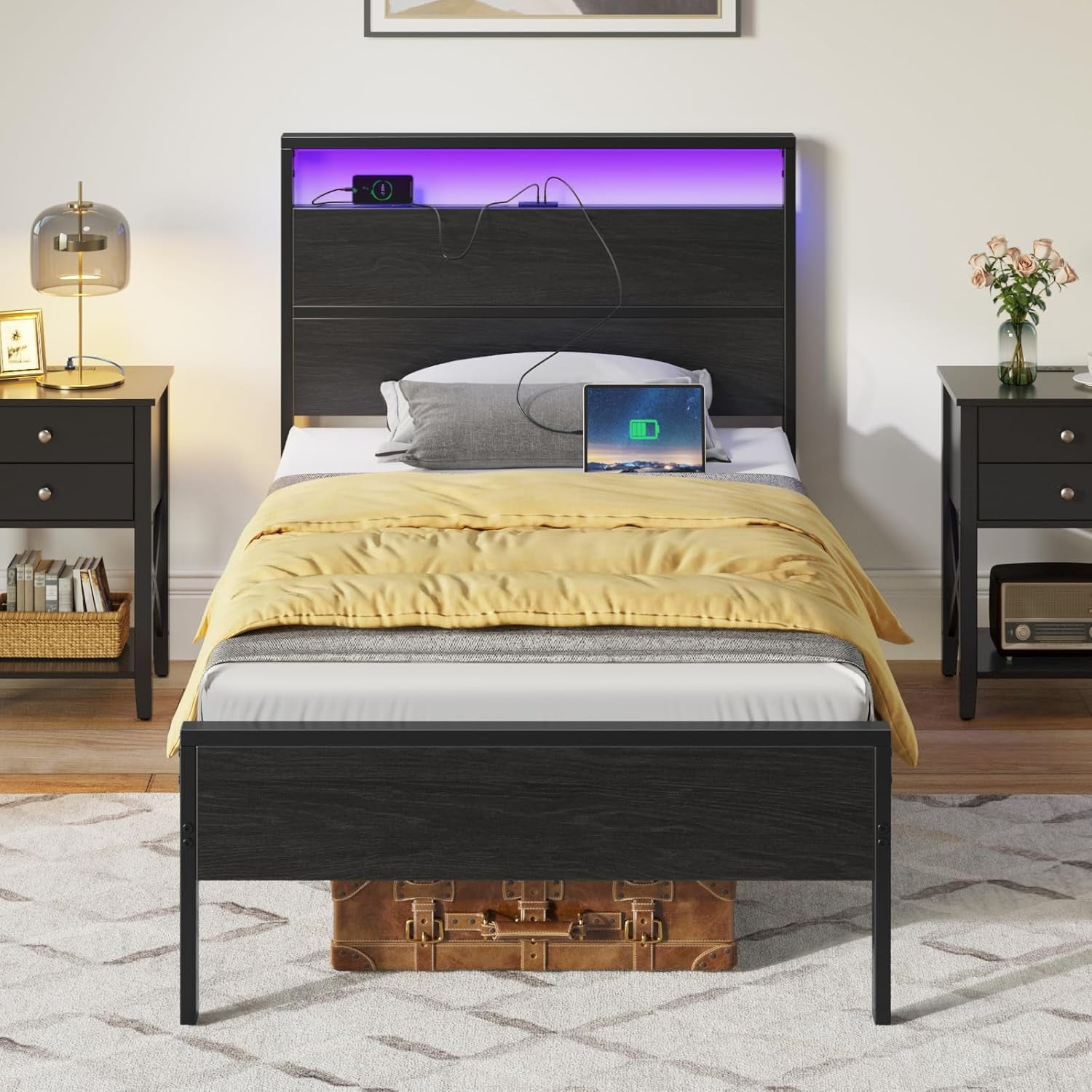 Twin Bed Frames with Headboard, Twin Bed with LED Lights, Camas Twin ...