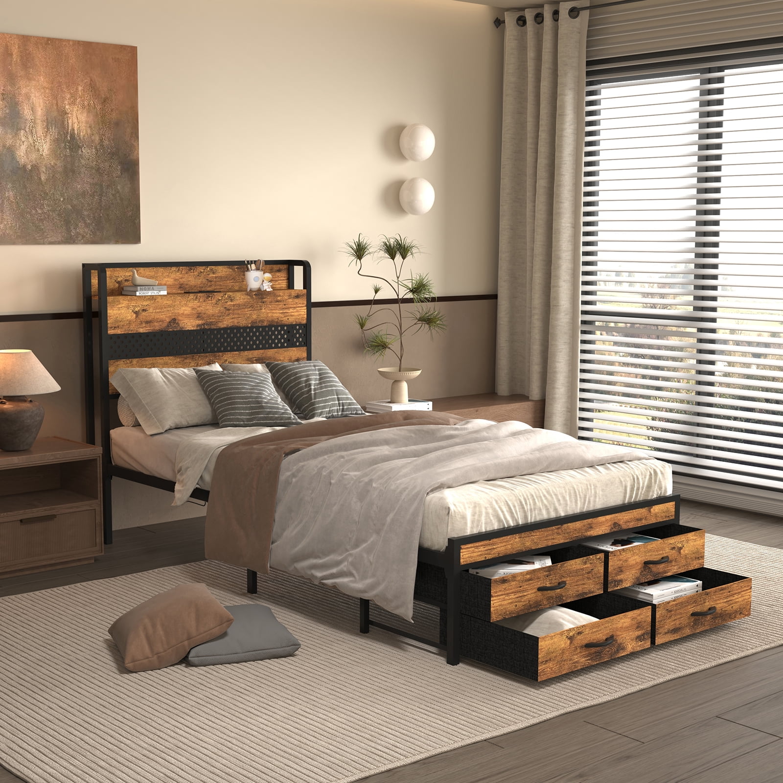 Twin Bed Frames with Headboard, Twin Size Bed Frame with Storage ...