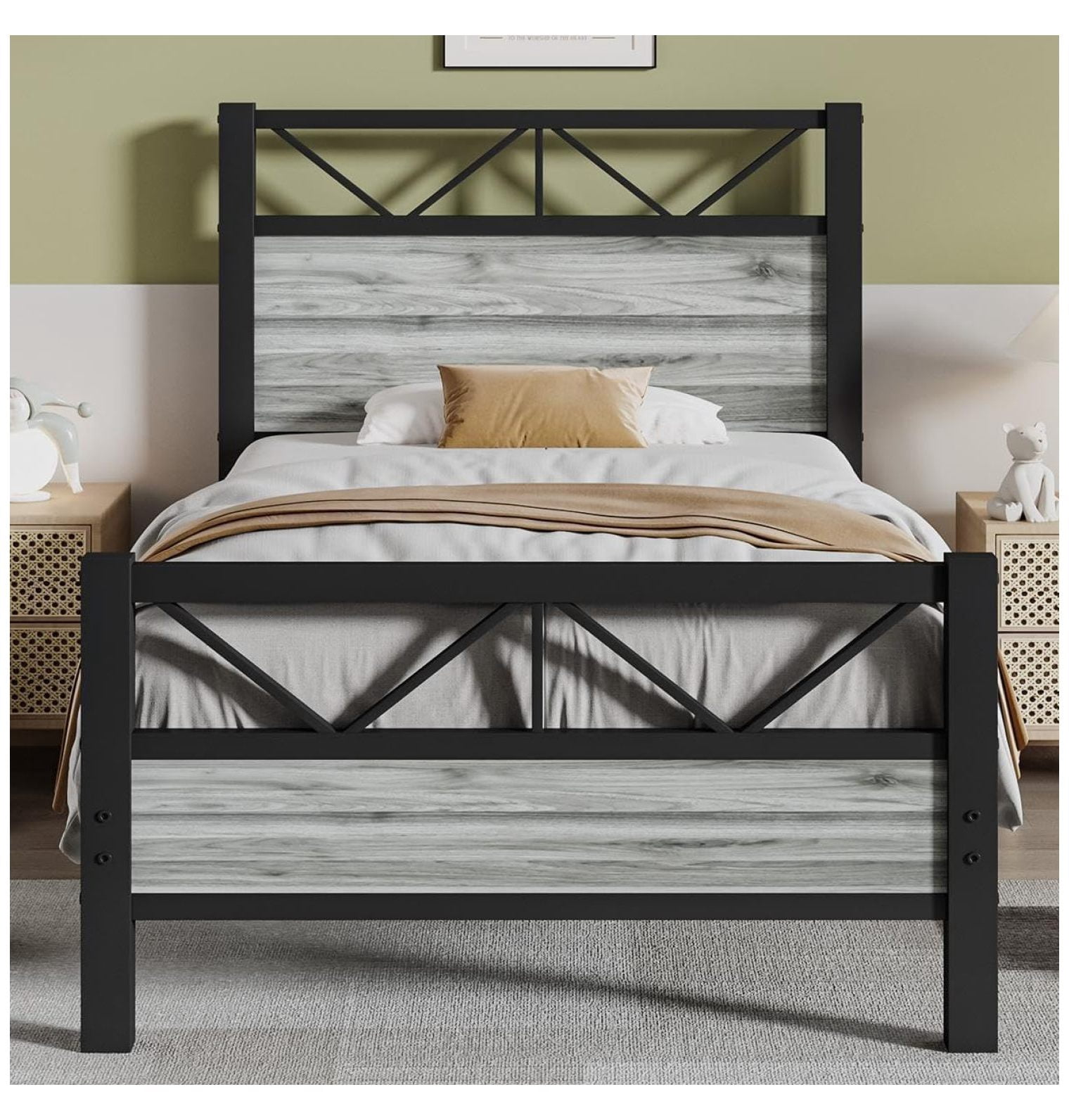 Twin Bed Frames, Industrial 51.2" Platform Bed, Tall Headboard Twin Bed ...