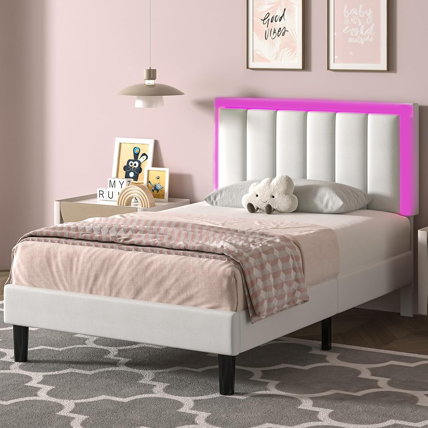 Twin Bed Frames with LED Headboard, Upholstered Bed Frame Twin Size ...