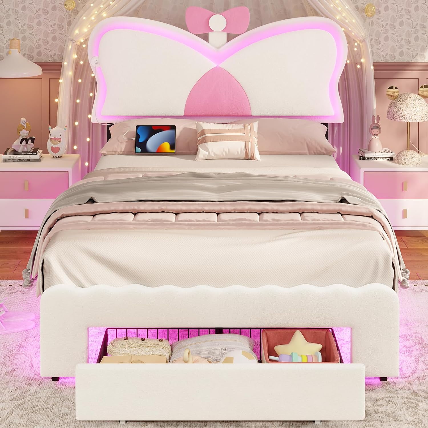 Twin Bed Frames with LED Lights and Storage Drawer, Upholstered Bed Frame Twin Size with Height ...