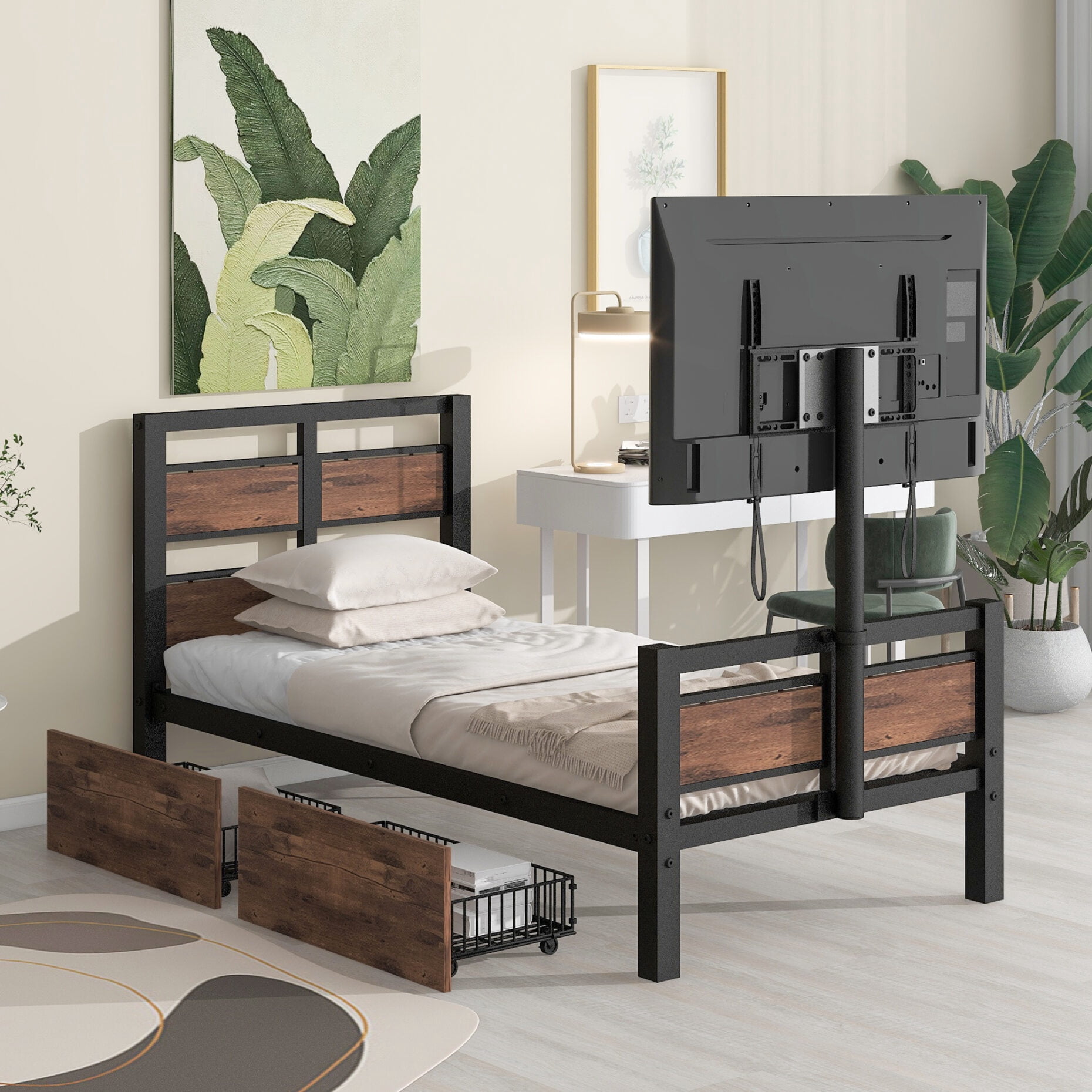 Twin Bed Frames with Rotatable TV Stand, Metal Platform Bed with MDF ...