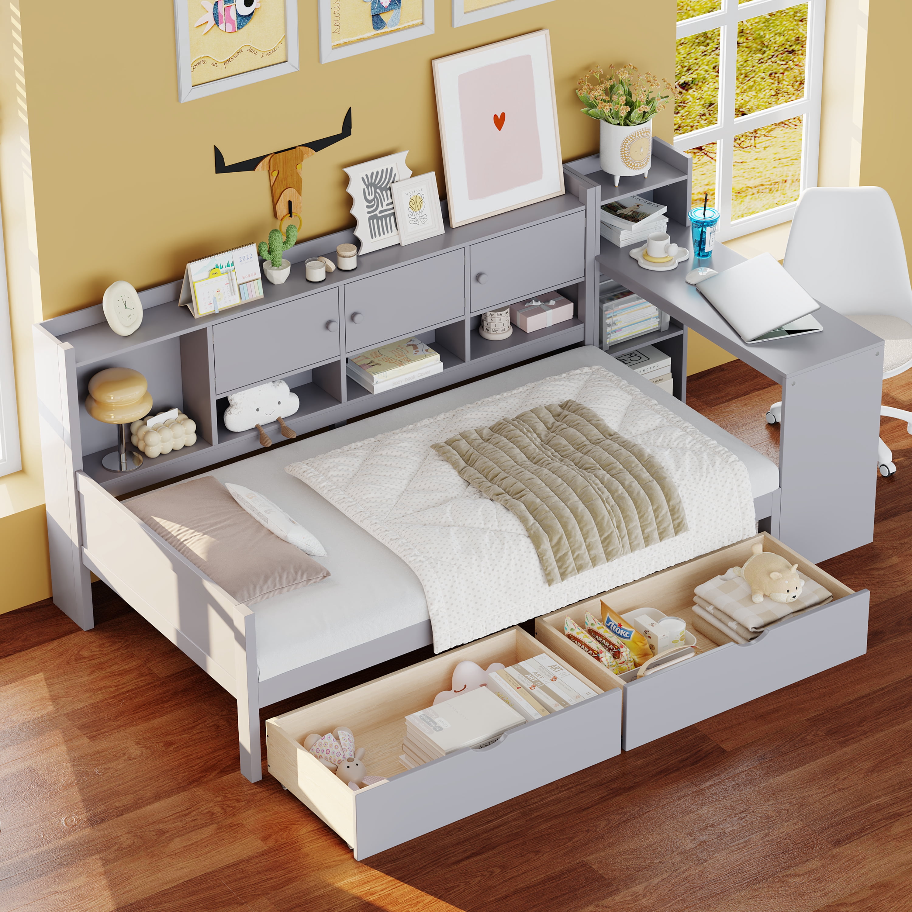 Twin Bed Frames with Storage, L-Shaped Corner Beds with Desk, Wood ...