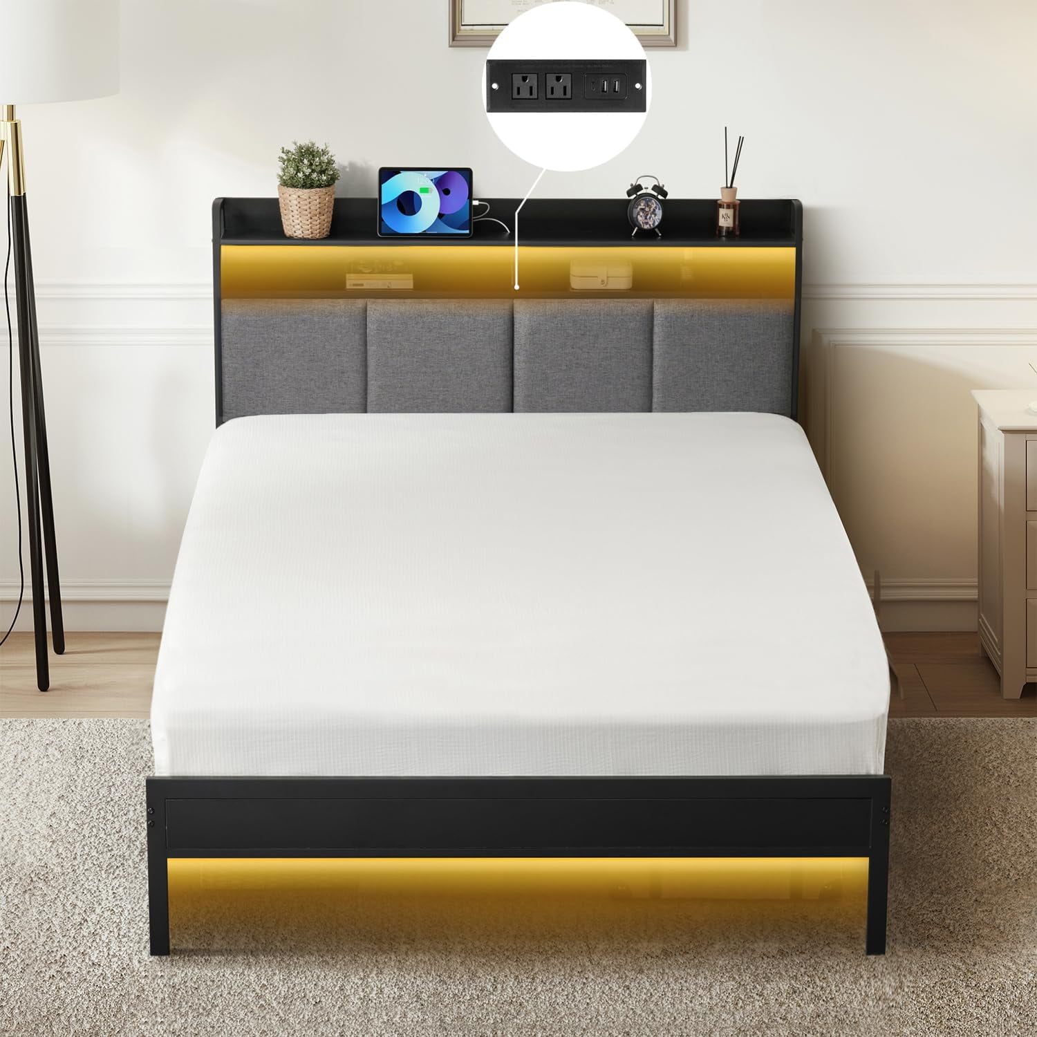 Twin Bed Frames, Upholstered Upgraded Metal Bed Frame with LED Lights ...