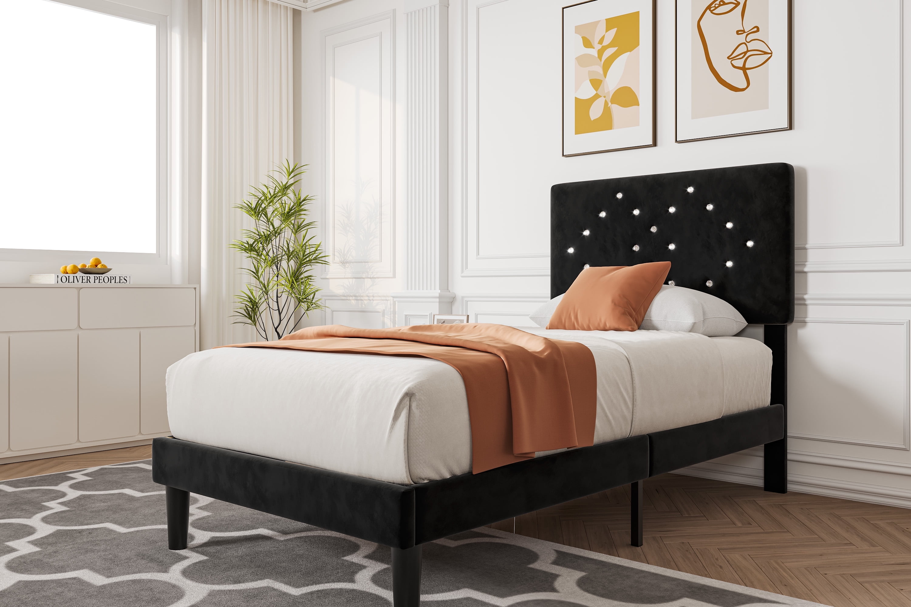 Twin Bed Frames, Velvet Upholstered Bed Frame with Vertical Channel ...
