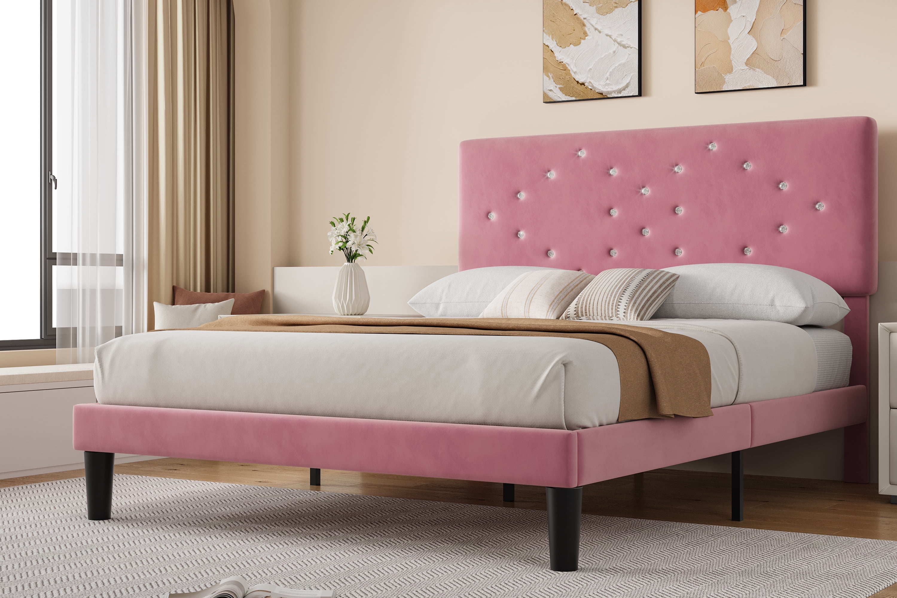 King Bed Frames, Velvet Upholstered Bed Frame with Vertical Channel ...