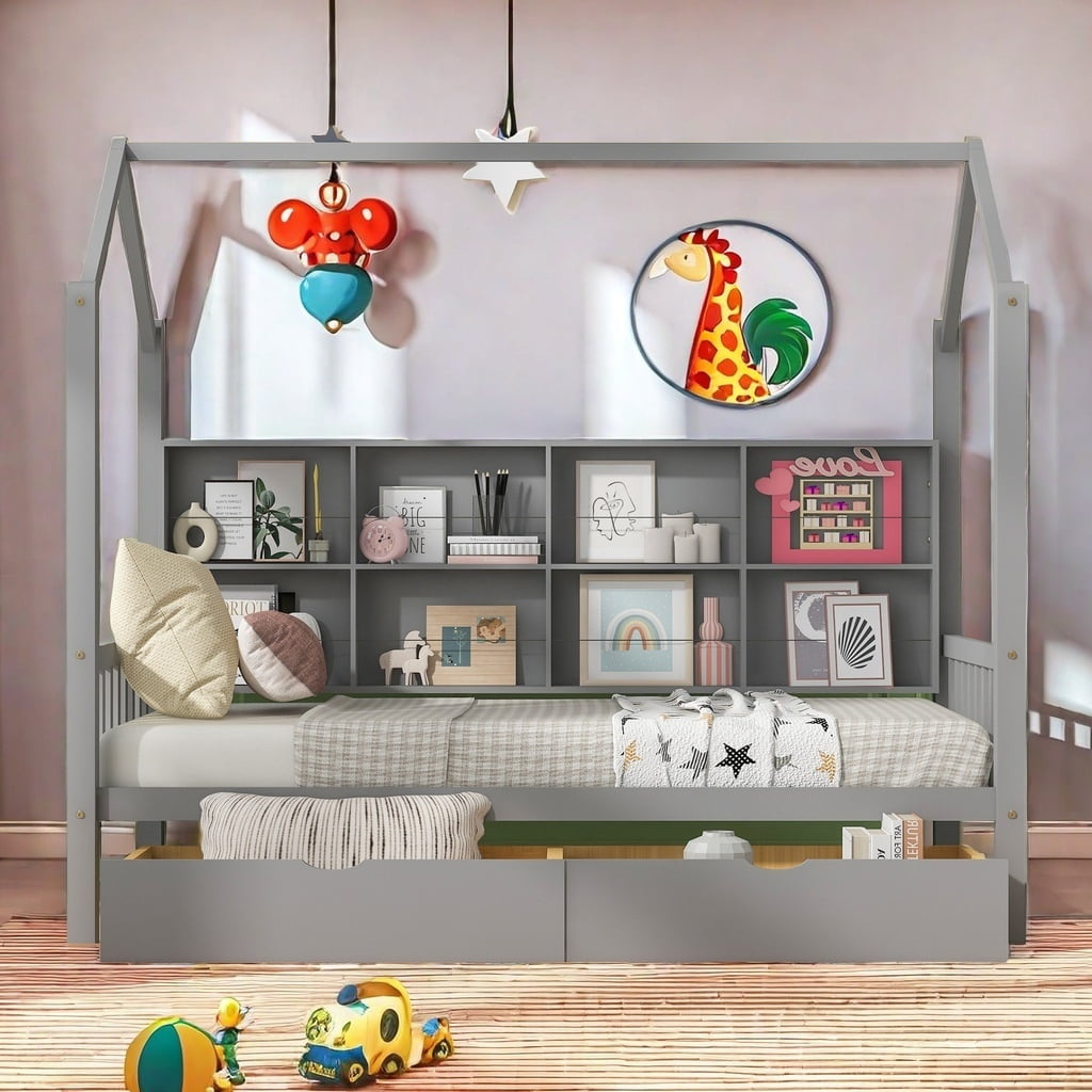Twin Bed Frames Wooden Twin Size House Bed with 2 Drawers,Kids Bed with ...