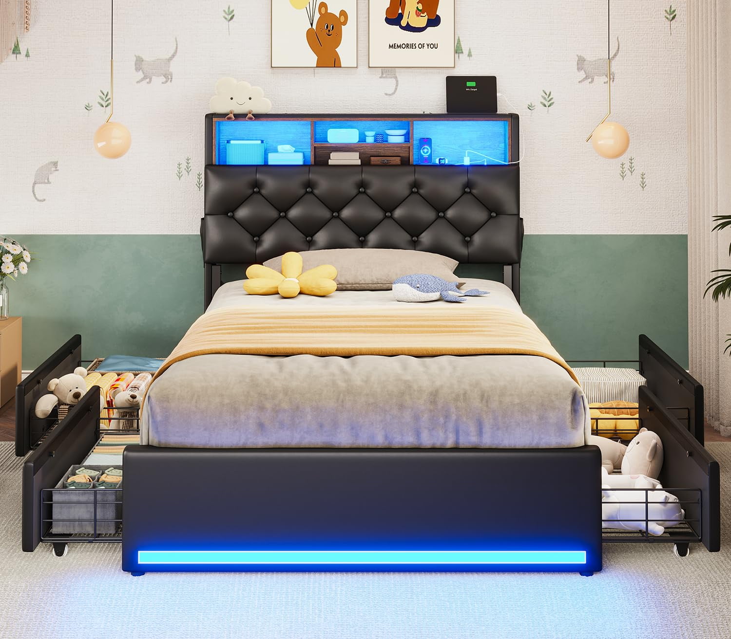 Twin Bed Frames with Drawers,Upholstered Storage Headboard,LED Bed ...