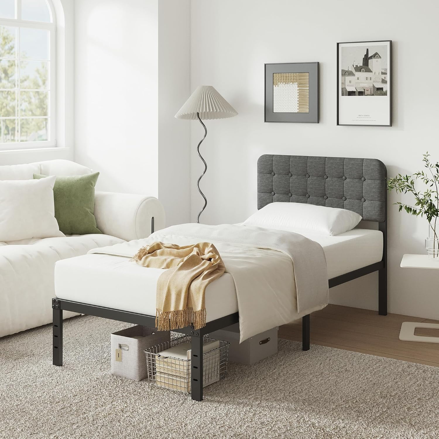 Twin Bed Frames with Upholstery Headboard, 14 Inch Twin Bed Frame No ...