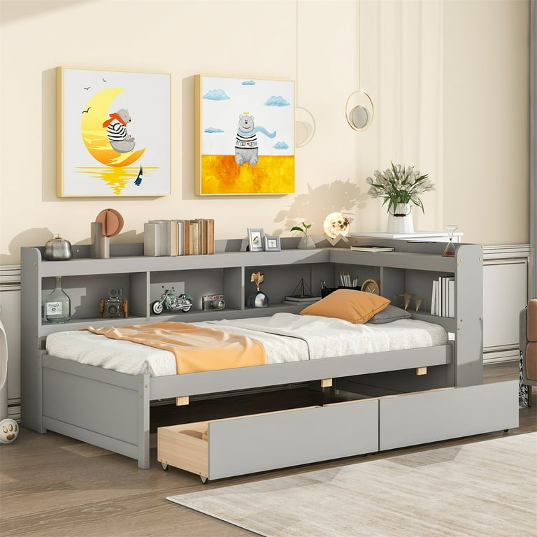 Twin Size Child s Bed with L shaped Bookcases Wood Frame 2 Storage Drawers Space Saving Gray Walmart