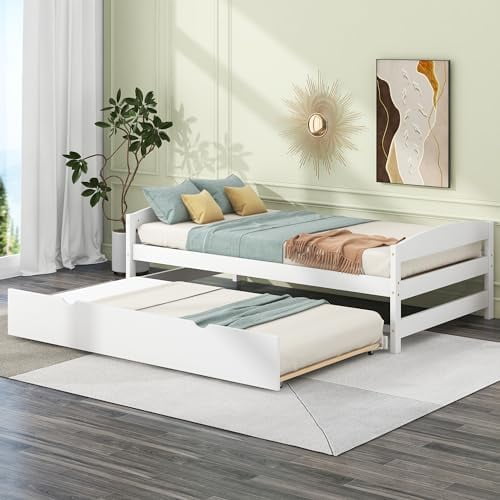 Twin Bed with Trundle, Solid Pine Wood Twin Size Platform Bed Frame ...