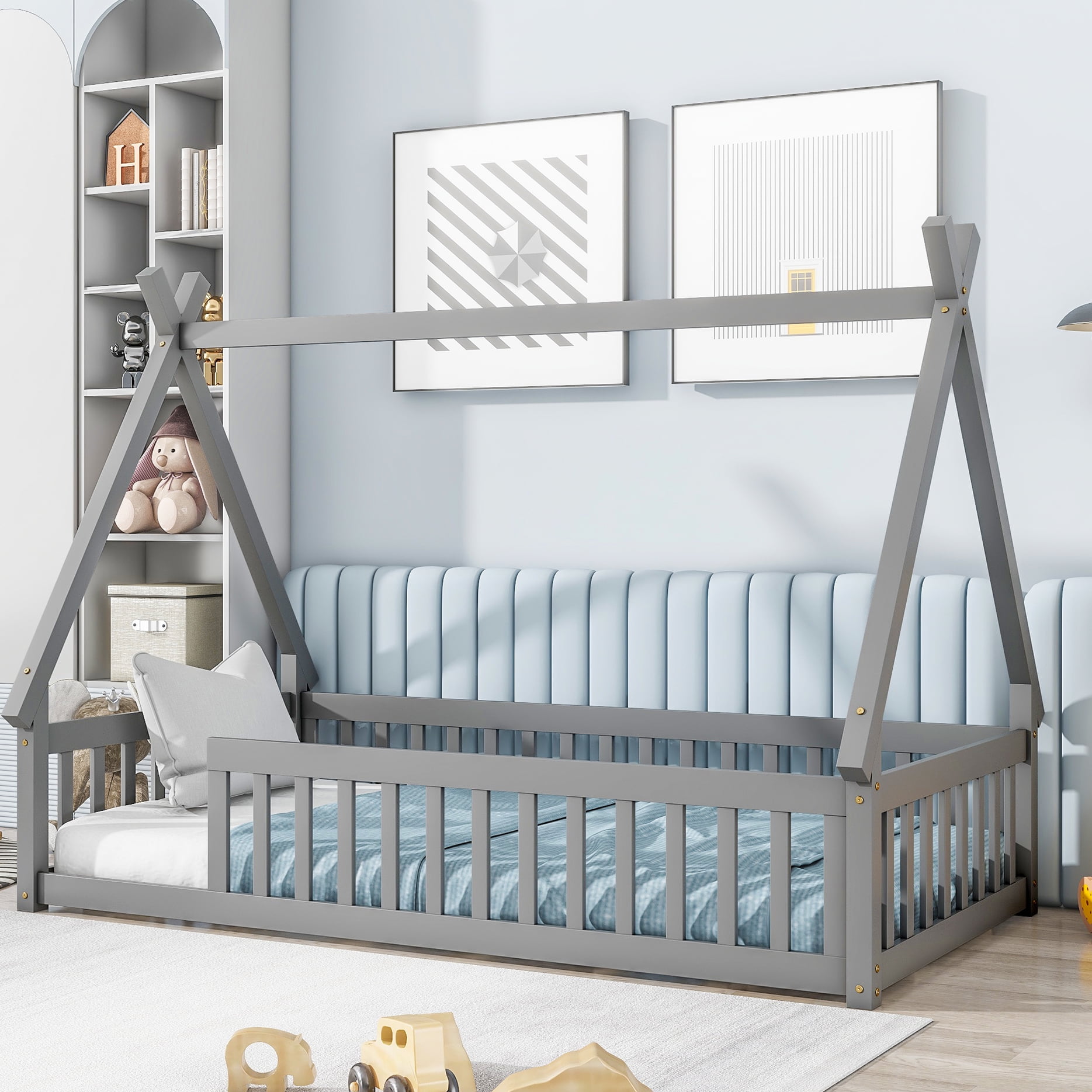 Twin Bed With Outline And Guardrails In Grey Sized Feature Long-lasting ...