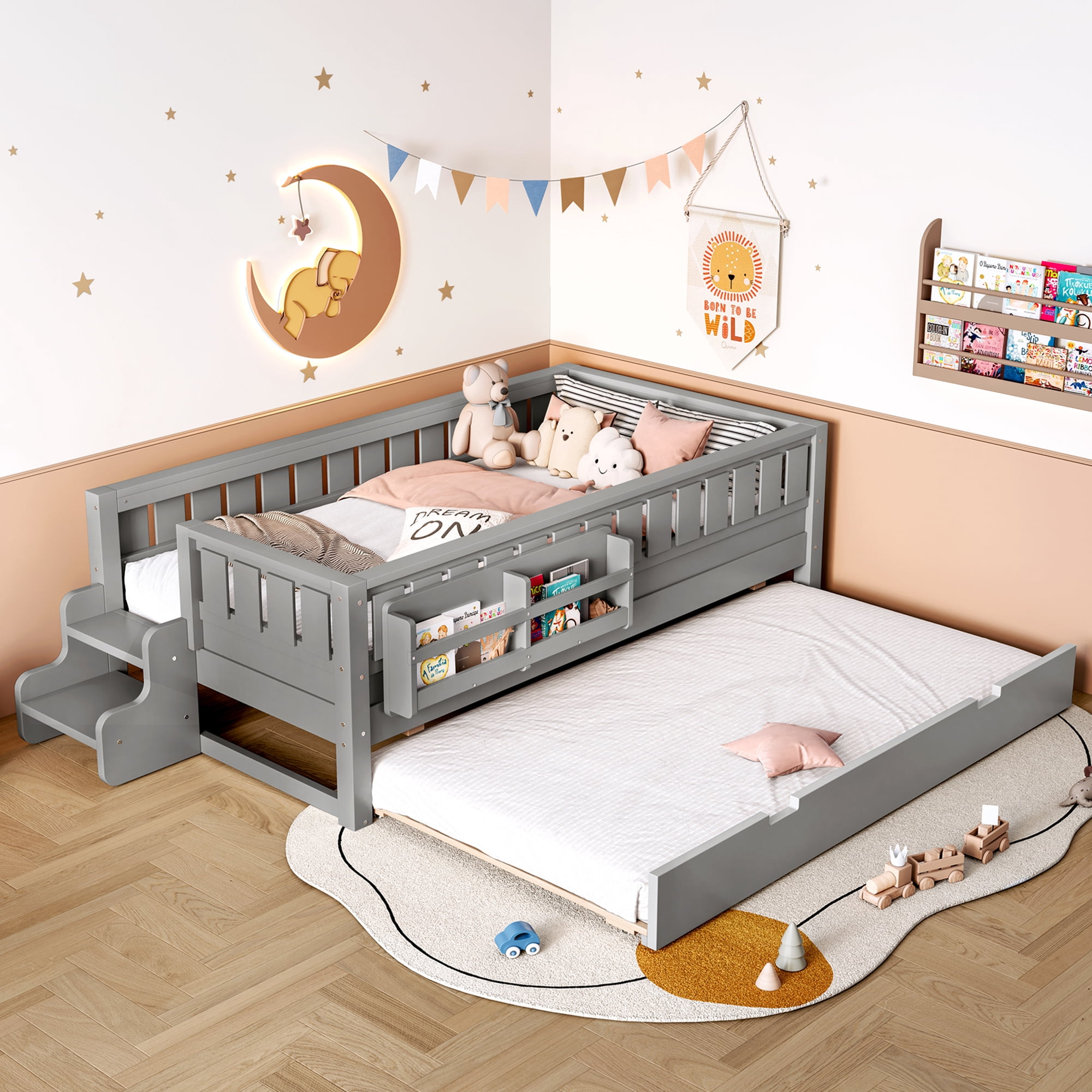 Twin Bed with Built-in Bookshelves and Small Staircase, High-Quality ...