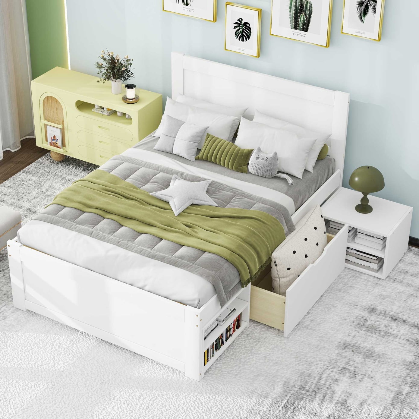 Twin Bed with Storage Drawer, Solid Wood Platform Bed with 2-in-1 ...