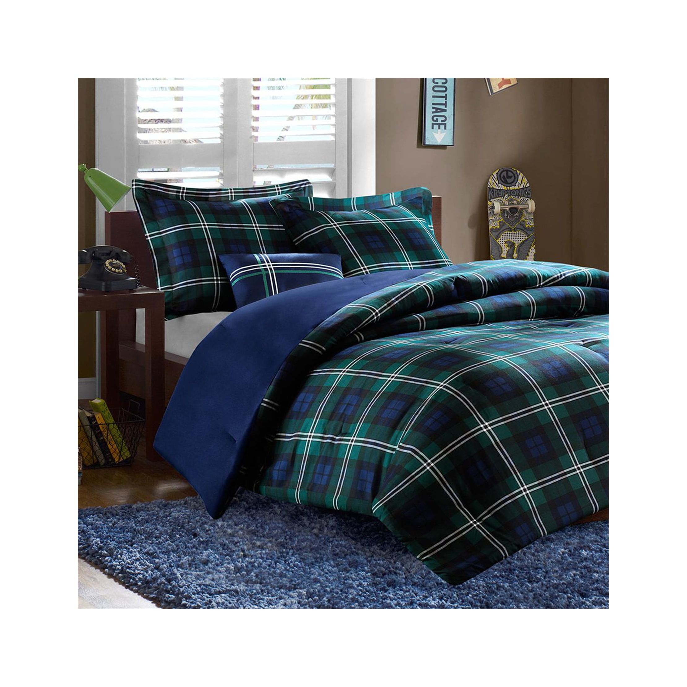 Twin Bradley Plaid Comforter Set - Blue/Green: Quilted Polyester ...