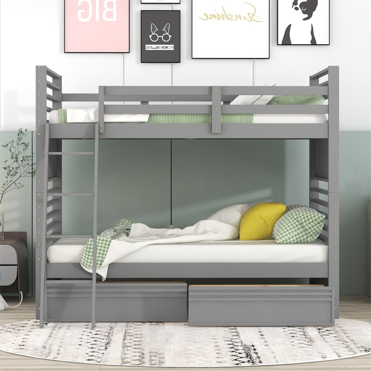 Twin over Twin Bunk Bed with 2 Drawers, Solid Wood Bunk Bed Frame with ...