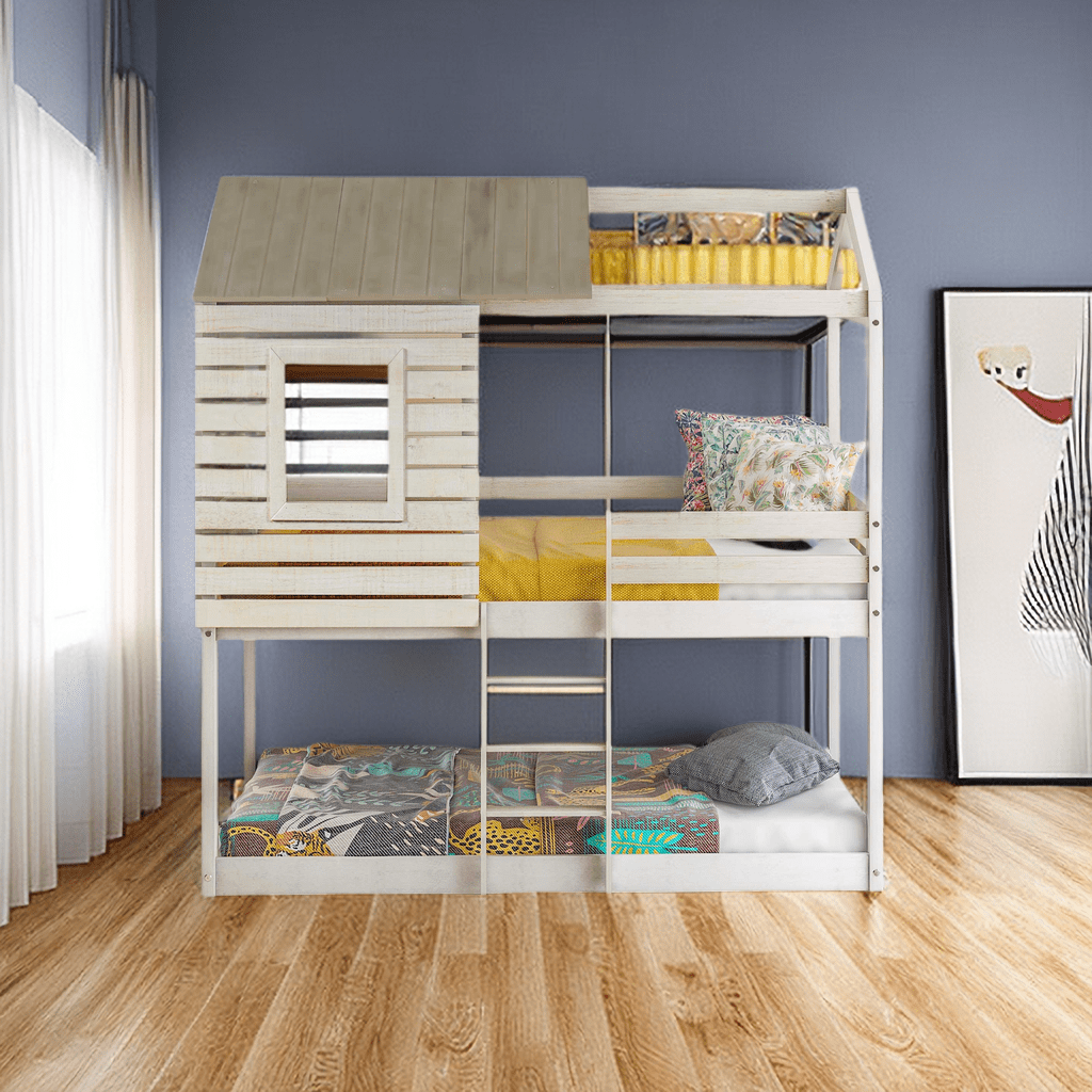 Twin Bunk Bed Frame | Twin Over Twin Bunk Bed Wood Loft Bed with Roof ...